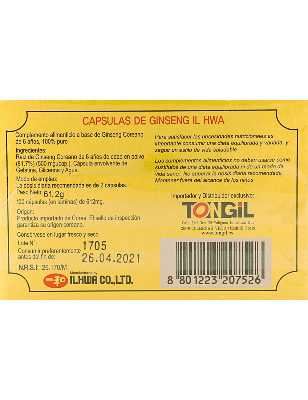 Tongil Ginseng Coreano Il Hwa 100 Cápsulas Blister